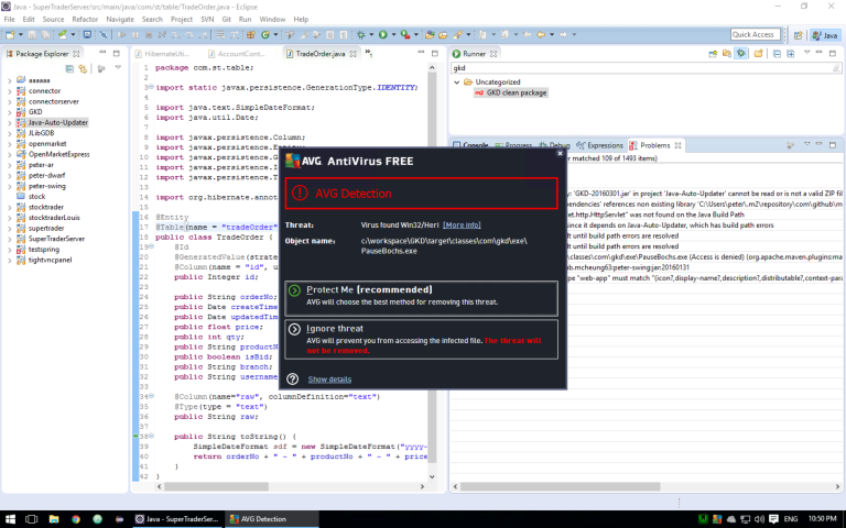 Having a exe in a java project is trouble when you have AVG anti-virus